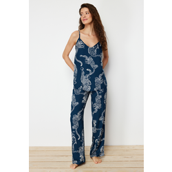Trendyol Blue Animal Patterned Rope Strap Viscose Woven Pajama Set ...